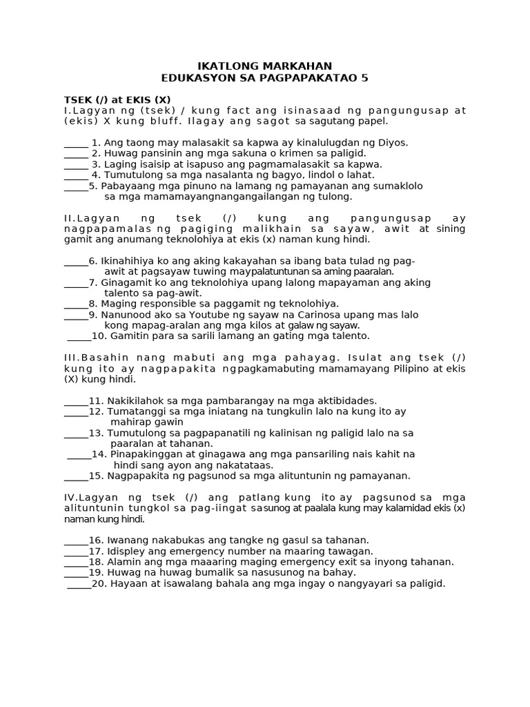 Ikatlong Markahan Edukasyon Sa Pagpapakatao 5: TSEK (/) at EKIS (X) | PDF