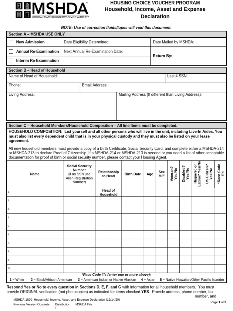 MSHDA-1890 - Household Income Asset Expense Declaration | PDF