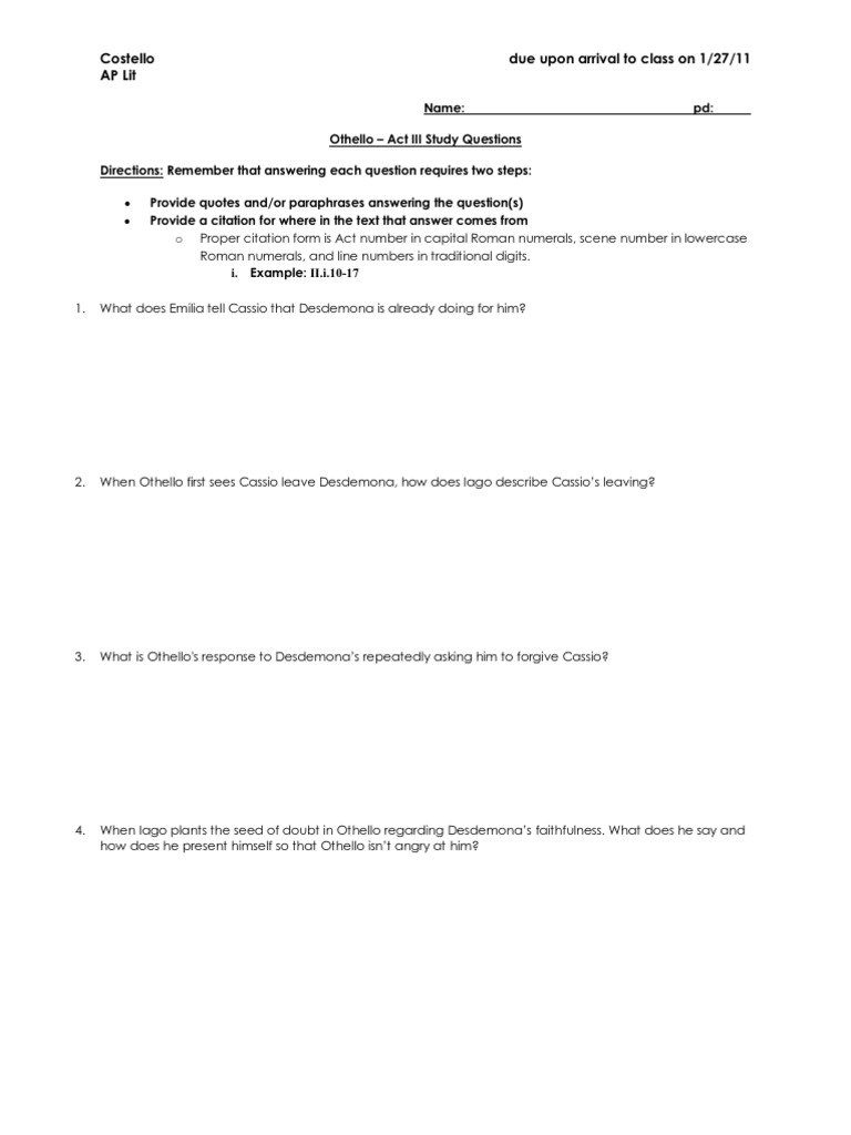 12 AP Lit Othello Act III Study Questions | PDF