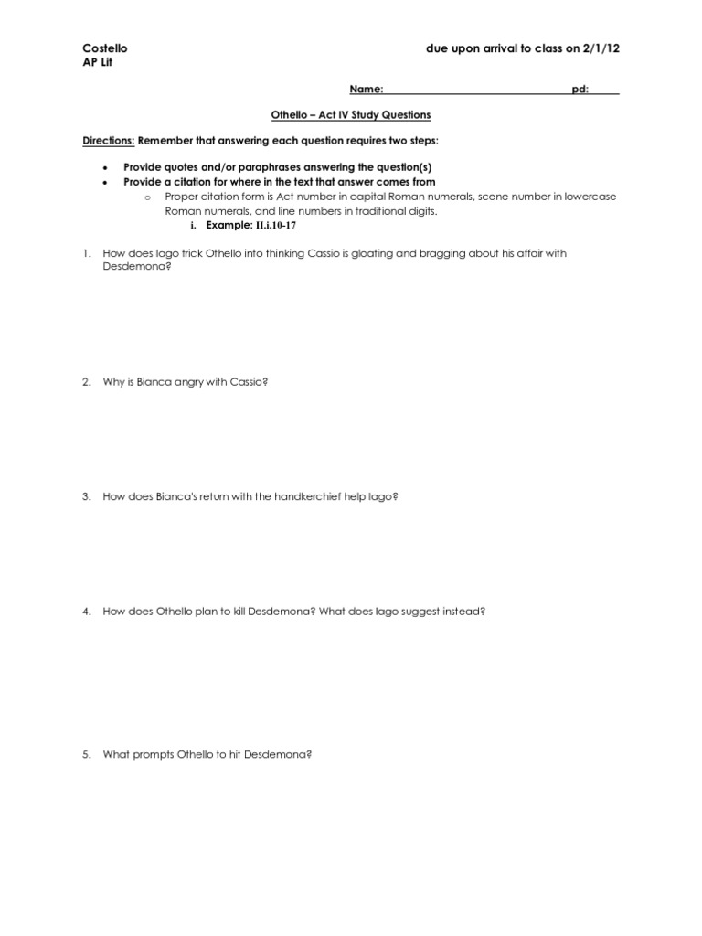 12 AP Lit Othello Act IV Study Questions | PDF