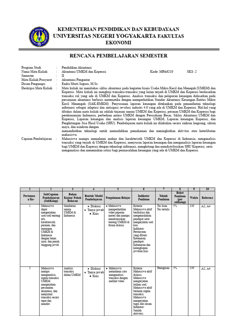RPS Akuntansi UMKMK Kelas Daring | PDF