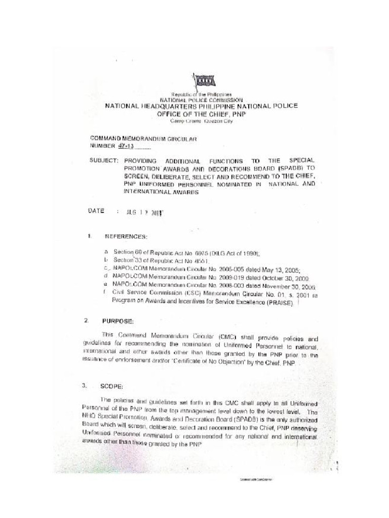 PNP CMC No. 47-13 Providing Additional Function to the Special ...