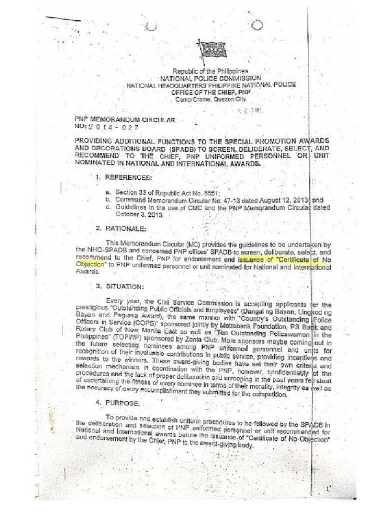 PNP MC 2014-027 Providing Additional Functions To The Special Promotion Awards and Decorations ...