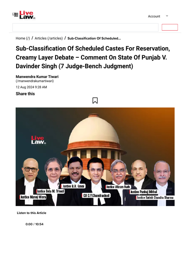 Sub Classification of Scheduled Castes For Reservation, Creamy Layer ...