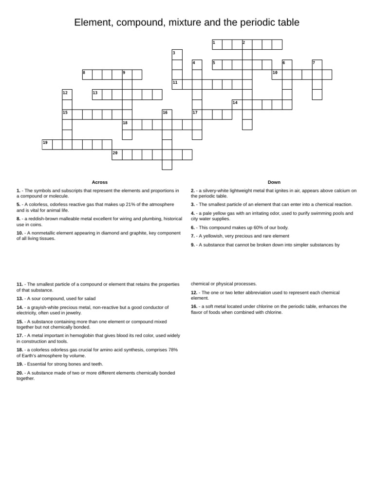 Element, Compound, Mixture and The Periodic Table - Crossword Labs | PDF