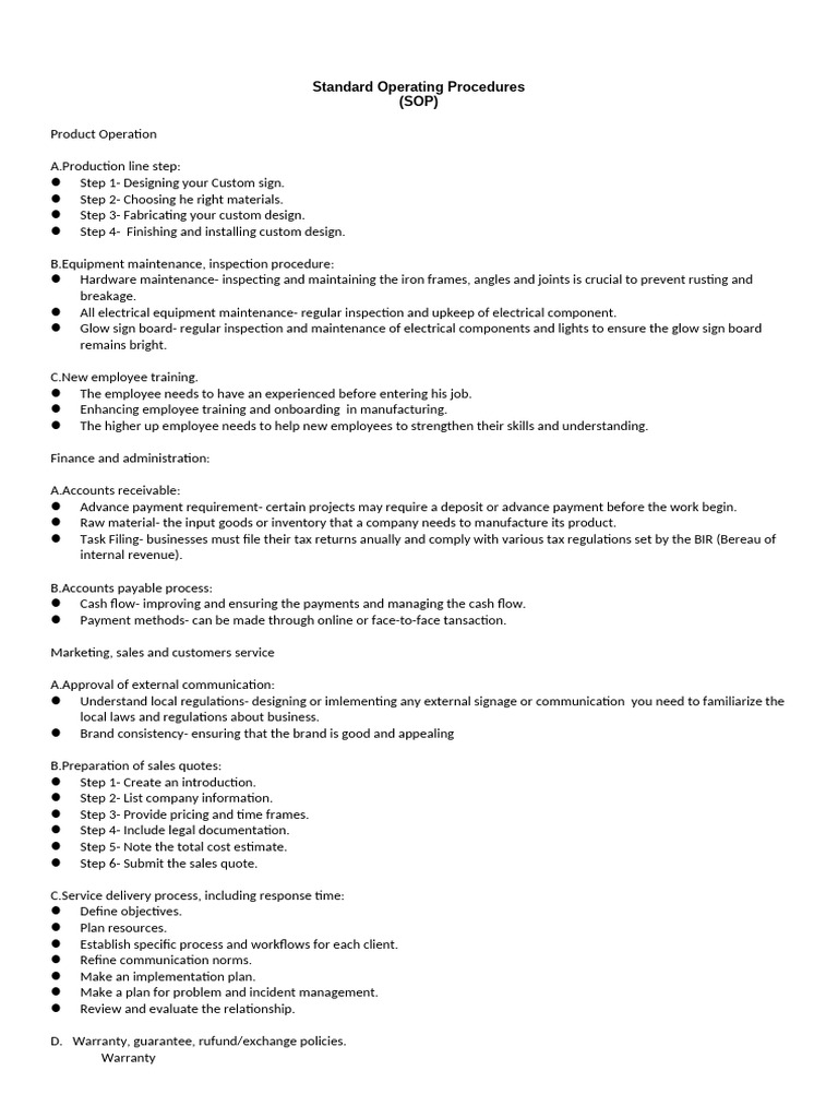 Standard Operating Procedures | PDF | Customer | Taxes