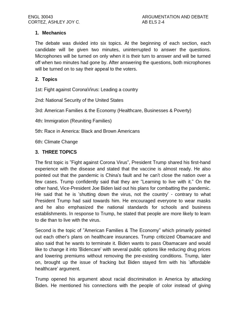 Presidential Debate - Cortez, Ashley Joy Ab Els 2-4 | PDF