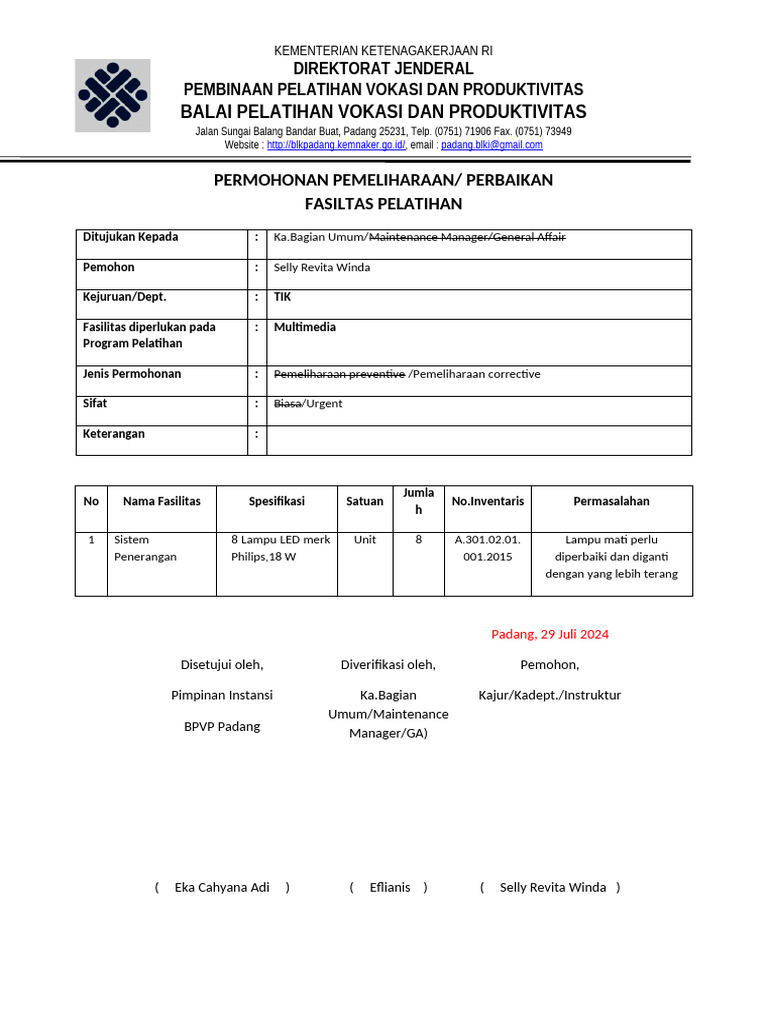 Contoh Permohonan Pemeliharaan Perbaikan Faslat | PDF