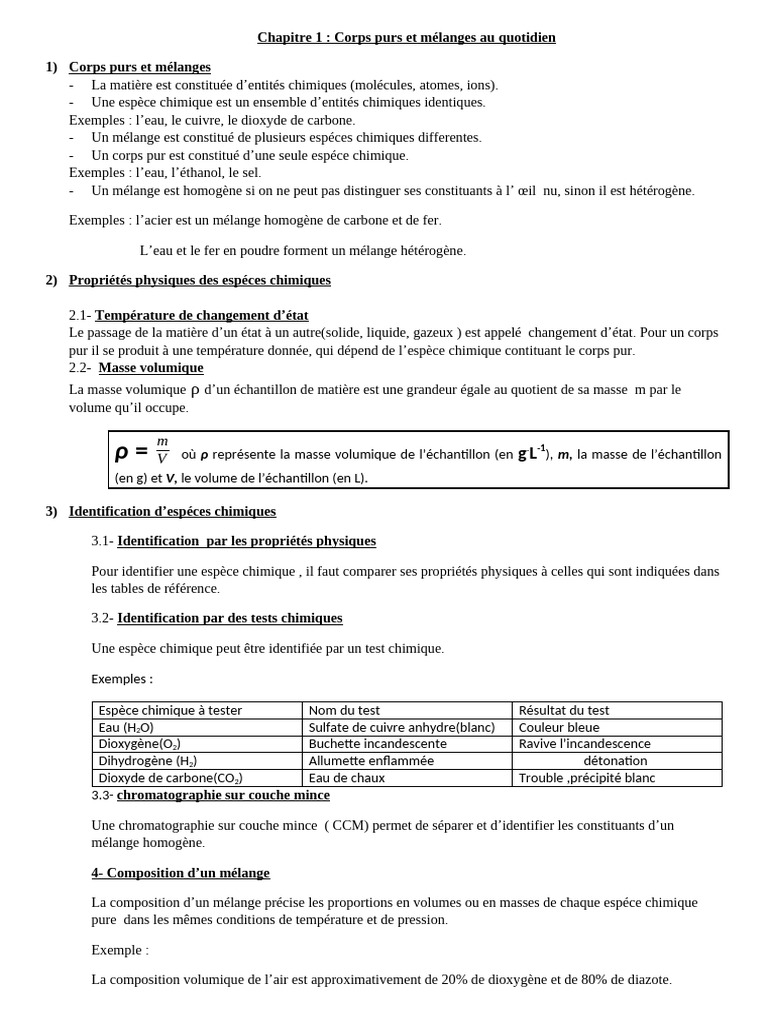 CHAPITRE 1 COURS SECONDE Corps Purs Et Mélanges | PDF
