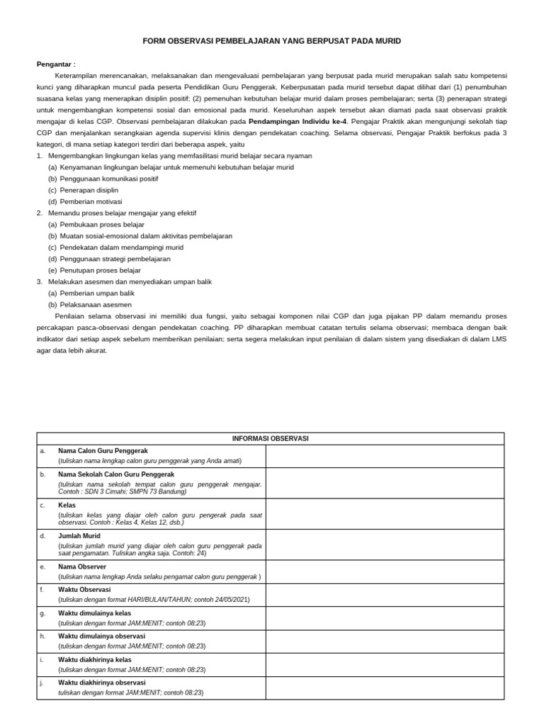 Lampiran 5 - FORM OBSERVASI PEMBELAJARAN YANG BERPUSAT PADA MURID | PDF