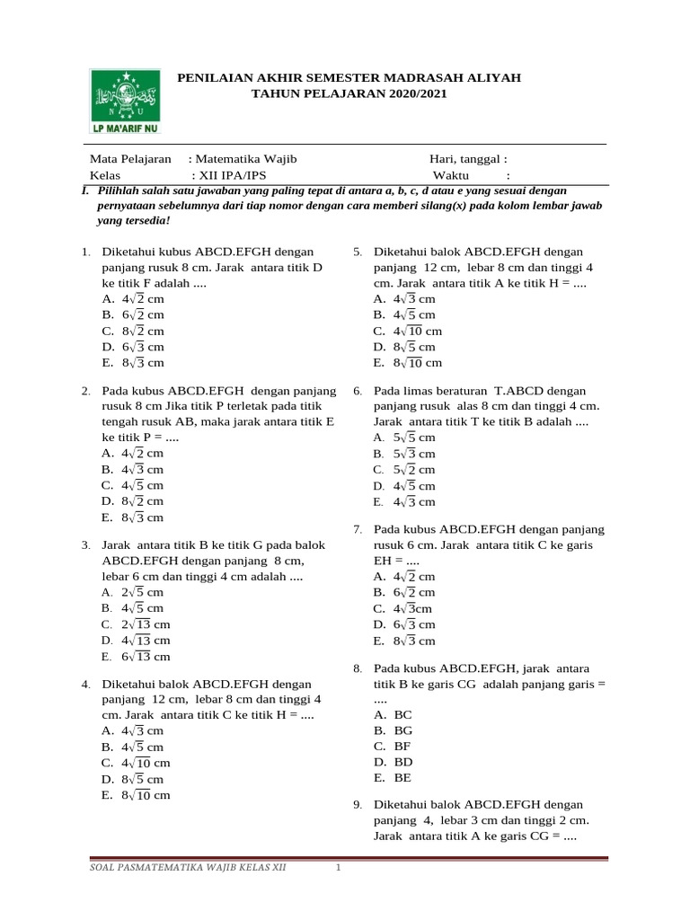 Soal Pas MTK Wajib Xii 2020 | PDF