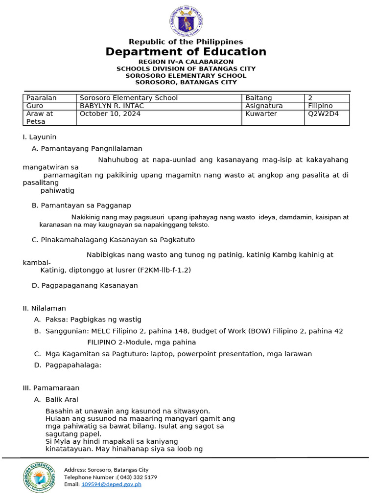 Filipino2 Q2 Week2 D1 Lunes | PDF | Philippines