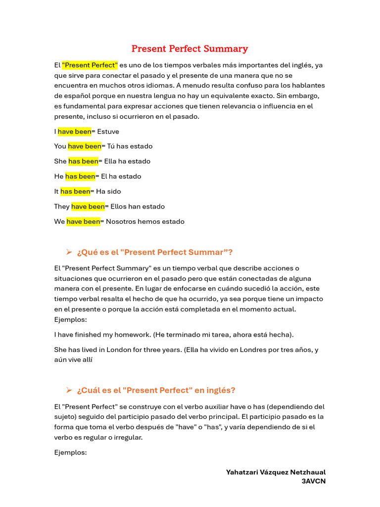 Present Perfect Summary | PDF