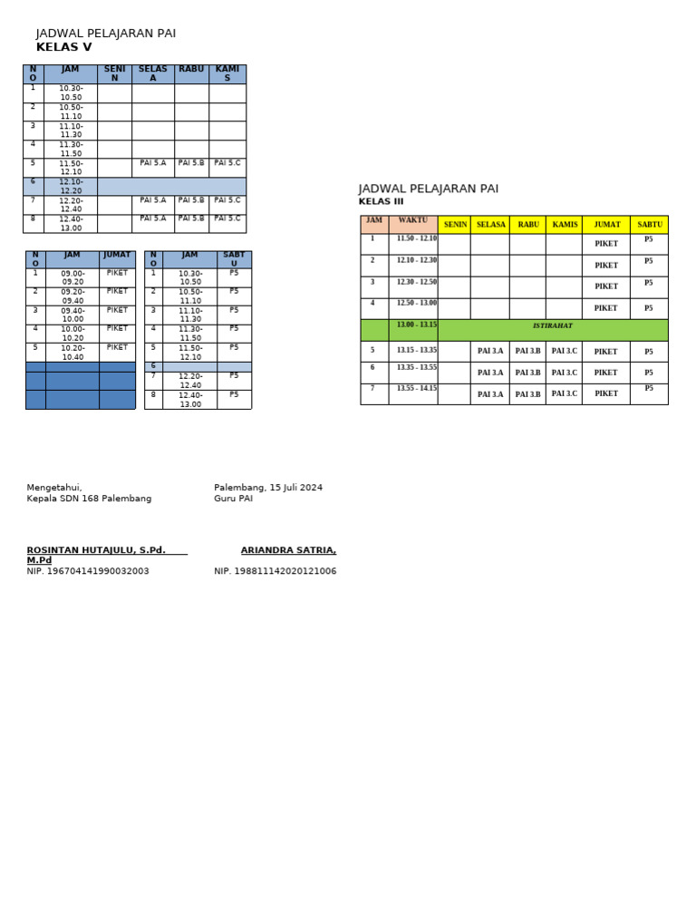 Jadwal Pelajaran Pai Kelas 5&3 - 2024-2025 | PDF
