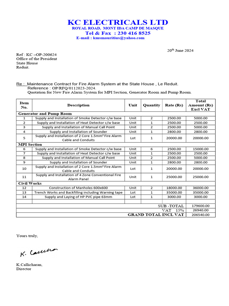 Quotation Fire Alarm System - State House Reduit MPI Genrator and Pump ...