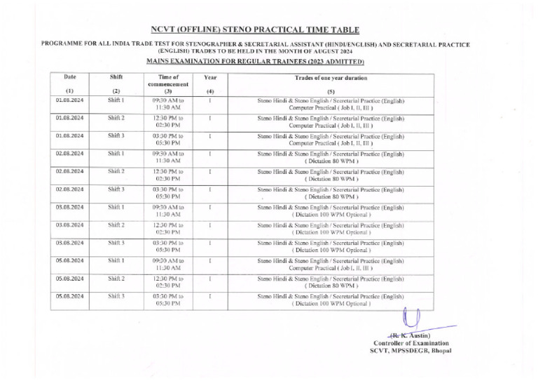 NCVT Steno Time Table | PDF