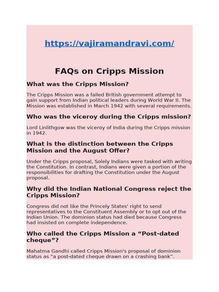 FAQs On Cripps Mission | PDF