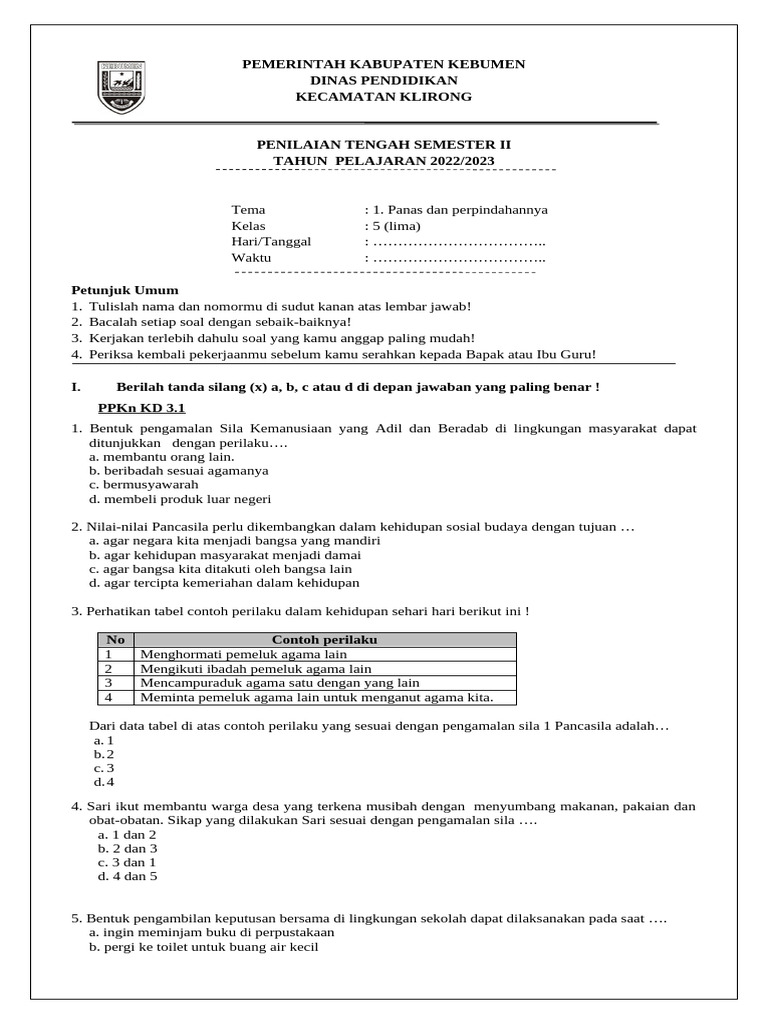 Soal Dan Lembar Jawab Pts 1 Kelas 5 Tema 1 2022 OK | PDF