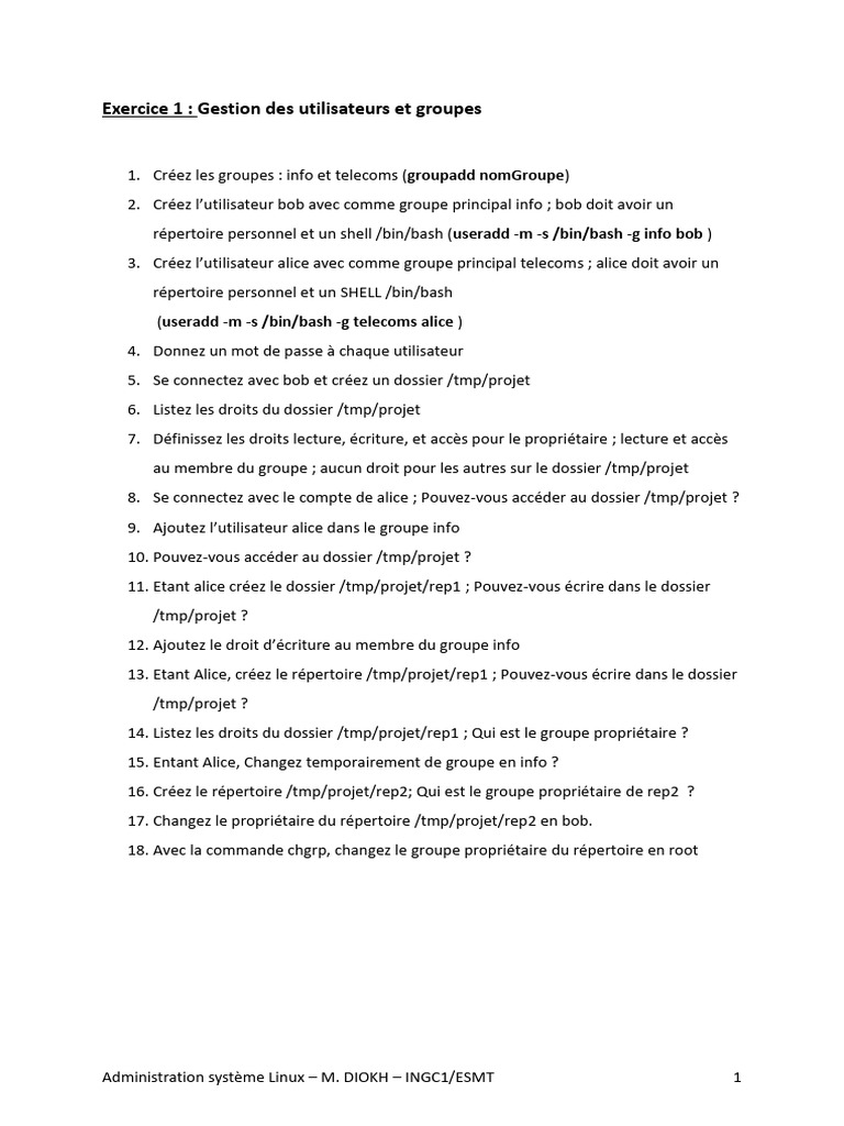 Exercice 1: Gestion Des Utilisateurs Et Groupes: Groupadd Nomgroupe | PDF