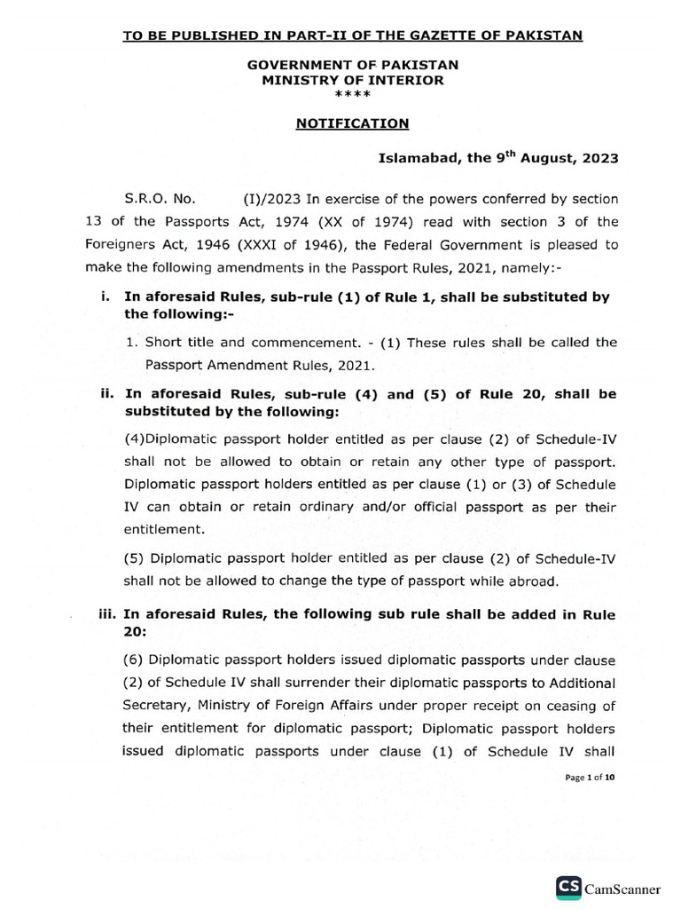 SRO NO 01 2023 Passport | PDF