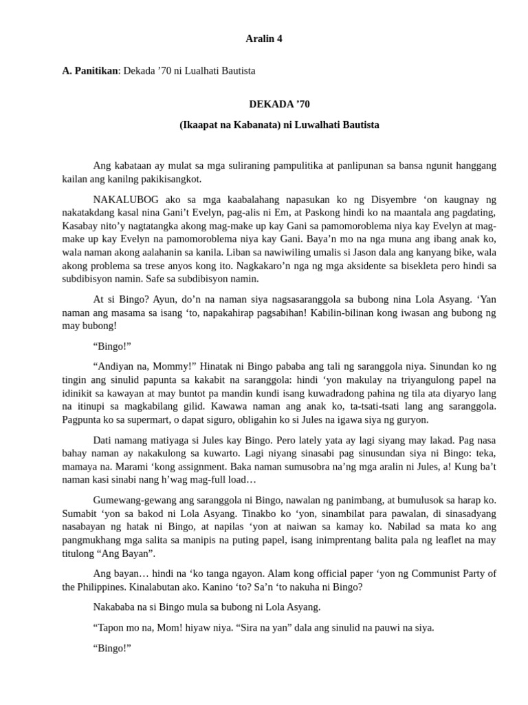 Fil 9 Q1 Aralin 4 Dekada '70 | PDF