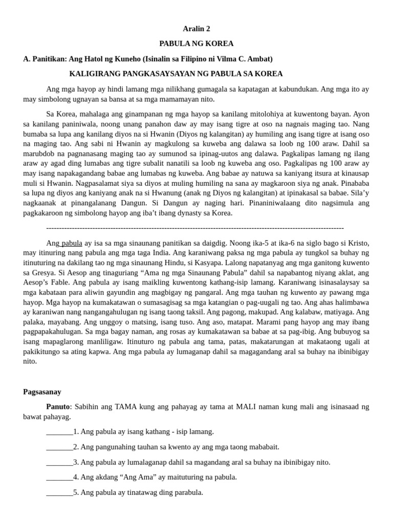 Fil 9 Q2 Aralin 2 Pabula NG Korea | PDF