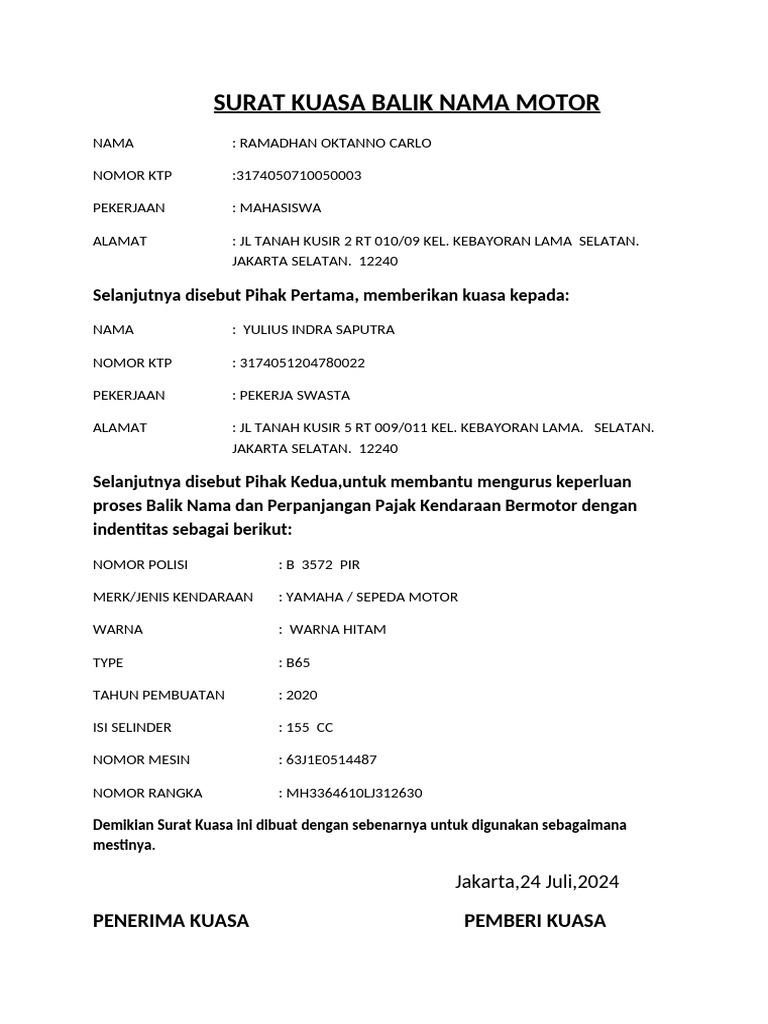 Surat Kuasa Balik Nama Motor | PDF