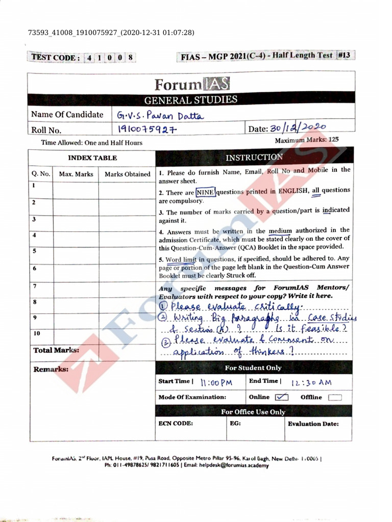 Pavan Datta UPSC Marksheet Insights | PDF