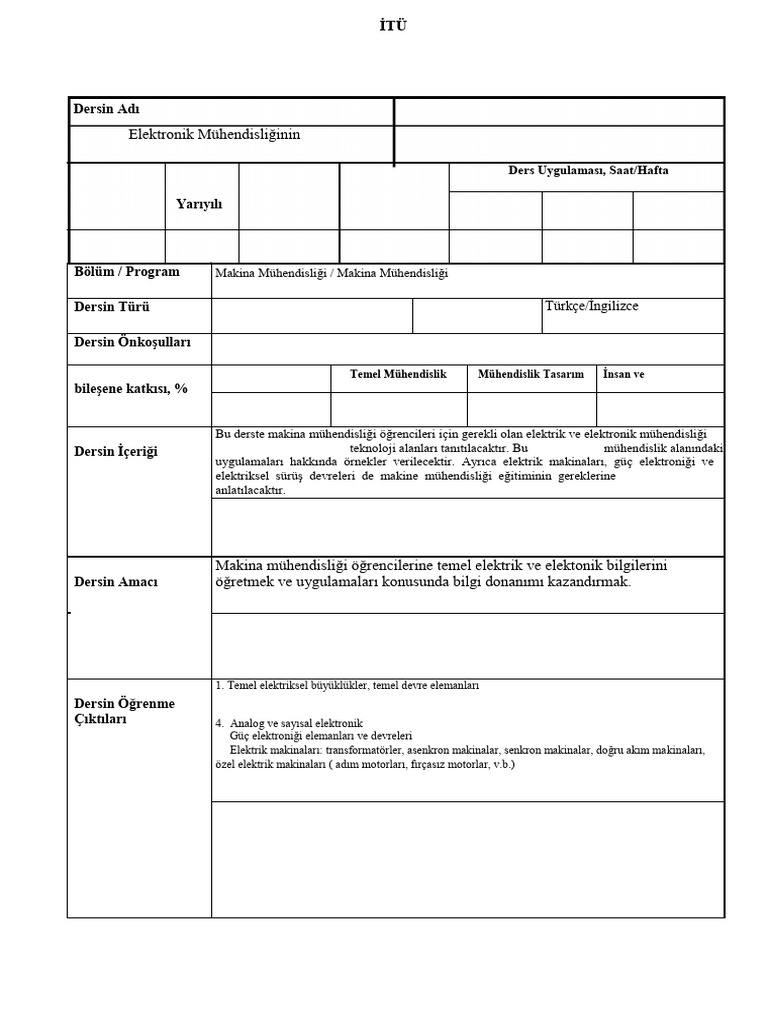 Dersin Adı Course Name: Ders Katalog Formu (Course Catalogue Form) | PDF