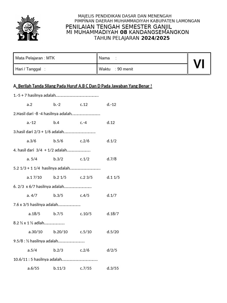 Soal MTK Kls 6ganjil 2024 | PDF