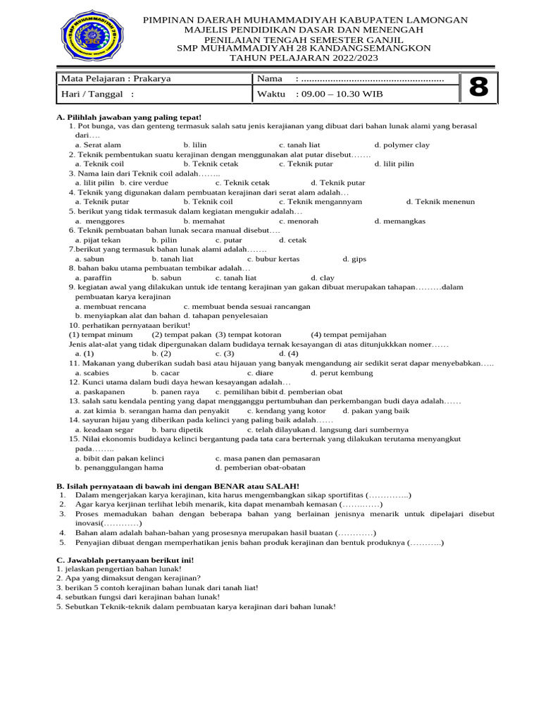 Soal Prakarya Pts Kelas 8 | PDF