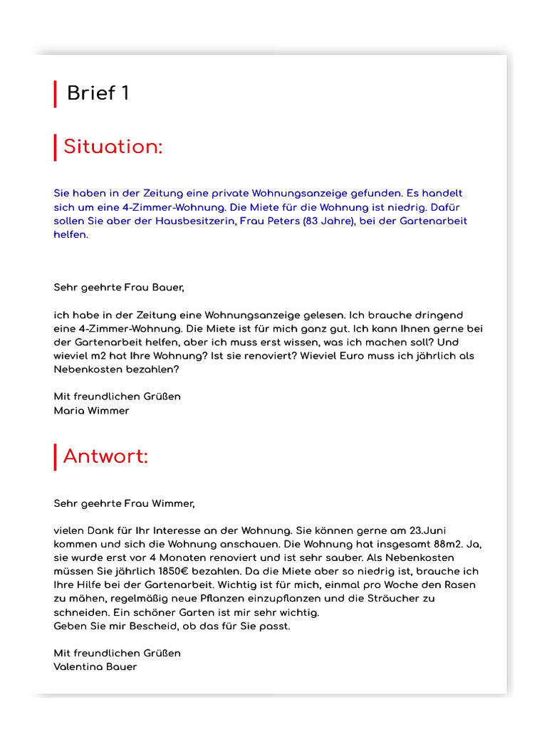 Beispiele Für Briefe Zu Unterschiedlichen Themen Für Niveaustufe A2 - IFU Sprachschule 1 | PDF