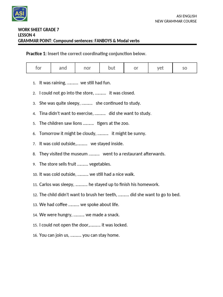 Grade7 - Lesson4 - Compound Sentences - FANBOYS&Modal Verbs | PDF