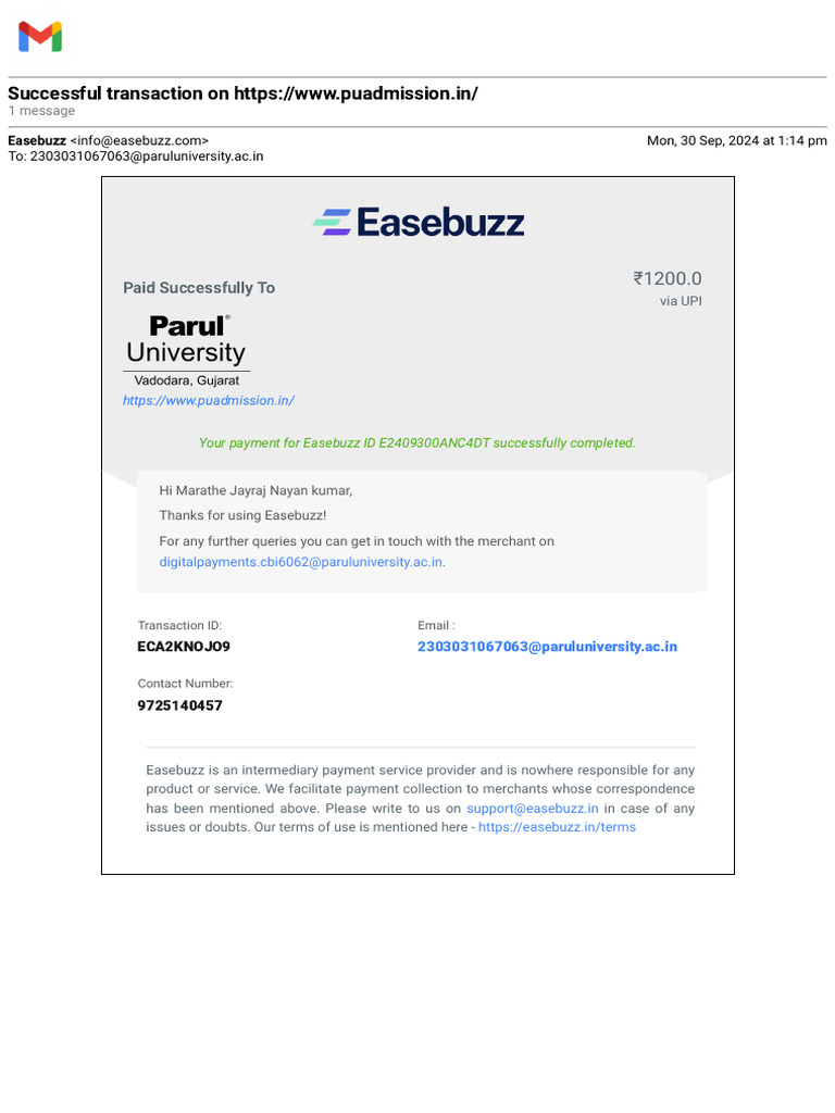Gmail - Successful Transaction On Https - WWW - Puadmission.in | PDF