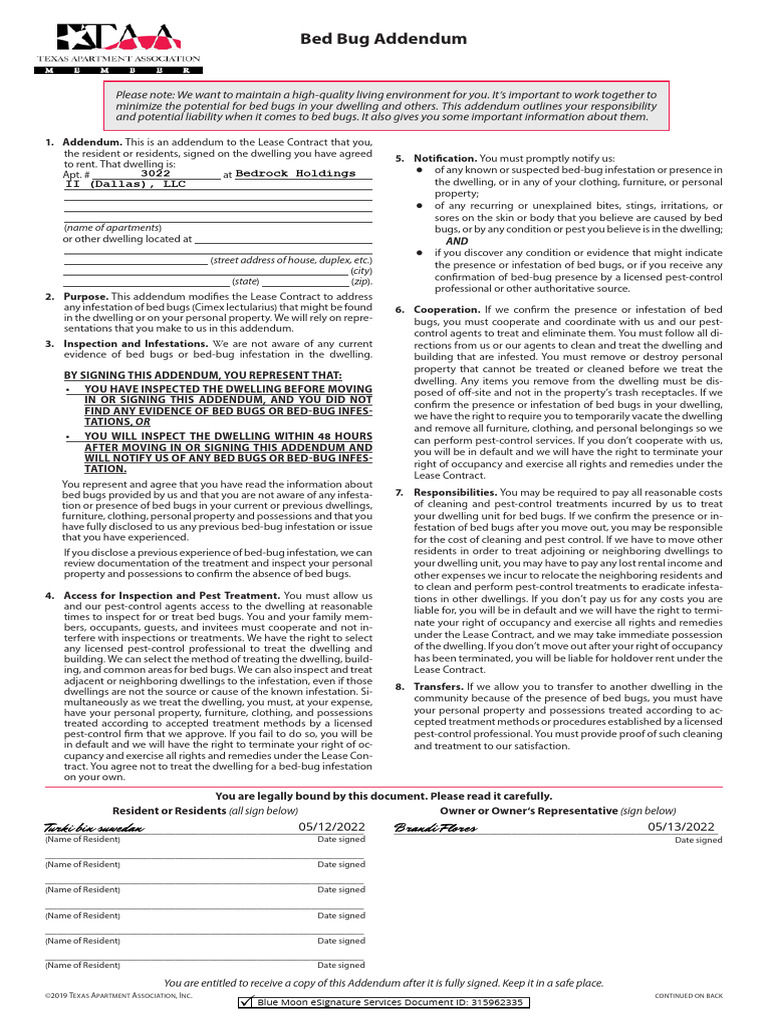 Bed Bug Addendum: 3022 Bedrock Holdings II (Dallas), LLC | PDF | Lease ...