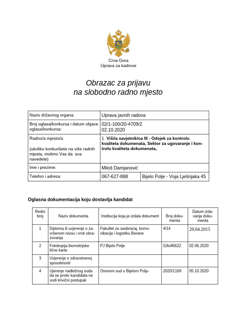 Prijava Na Oglas | PDF