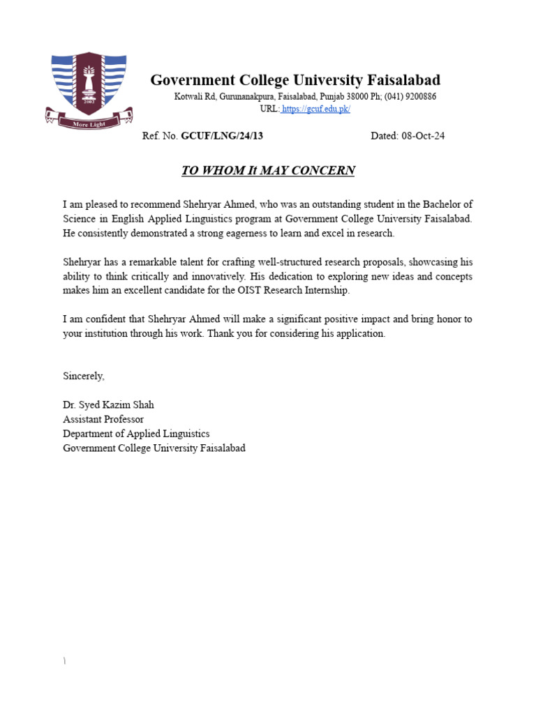 OIST Recommendation Letter 2 | PDF