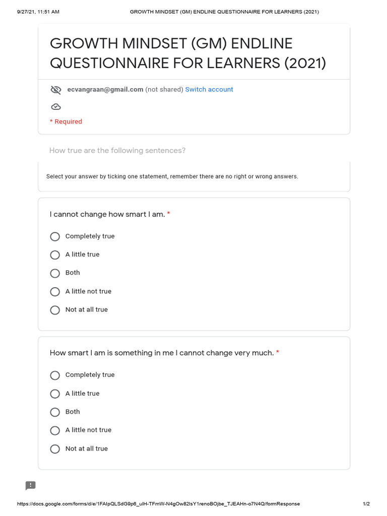 Growth Mindset (GM) Endline Questionnaire For Learners (2021) | PDF