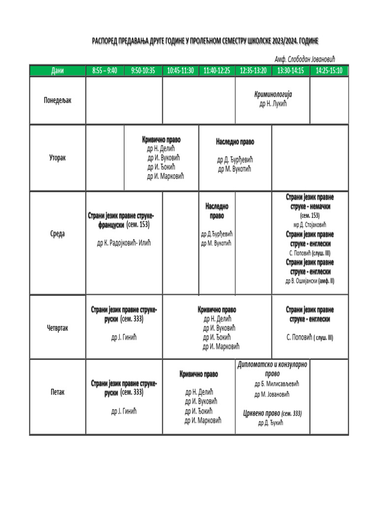 RASPORED PREDAVANJA - Prolecni Semestar 2023-2024. - Removed | PDF