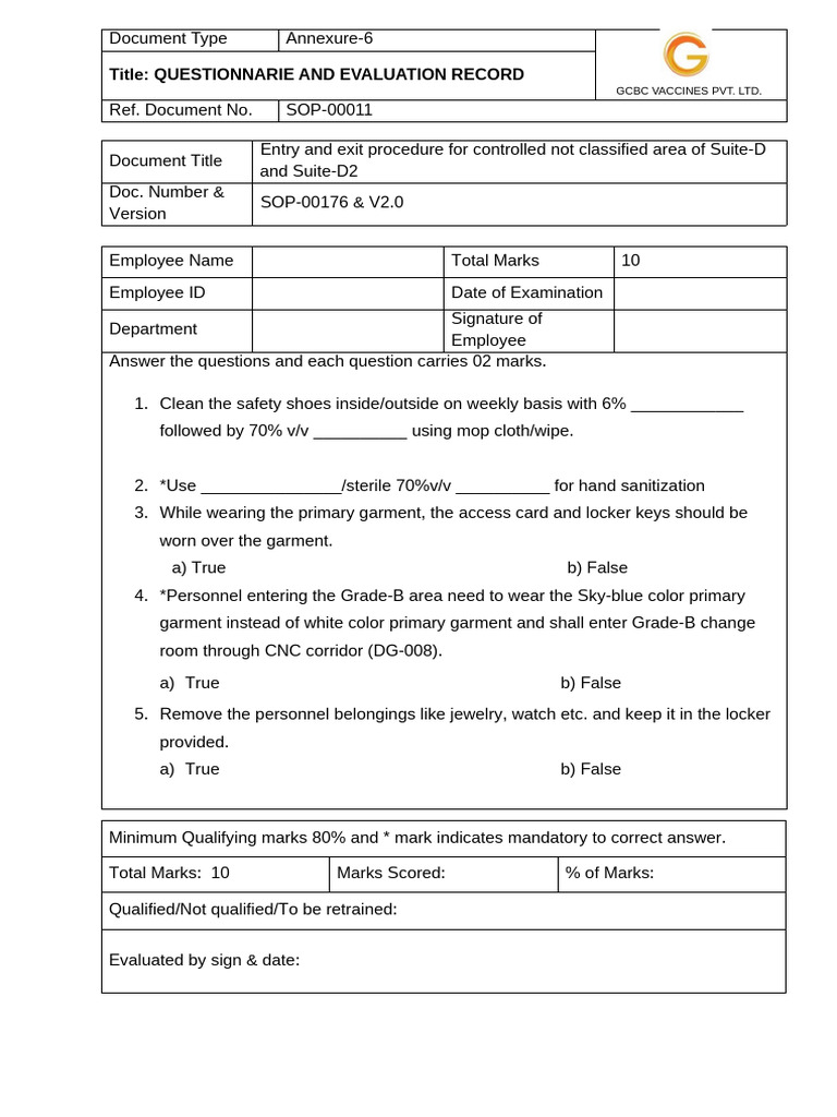 Questionnaire For SOP-00176 | PDF