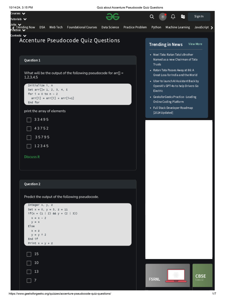 Quiz About Accenture Pseudocode Quiz Questions | PDF