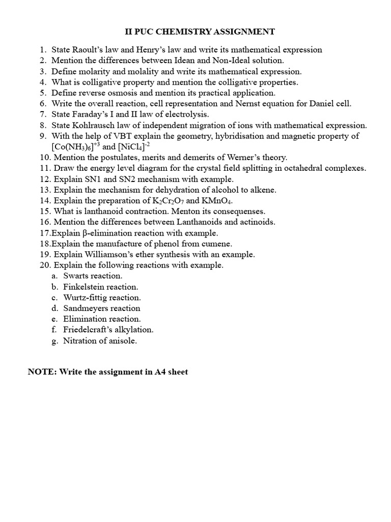 II Puc Chemistry Assignment | PDF
