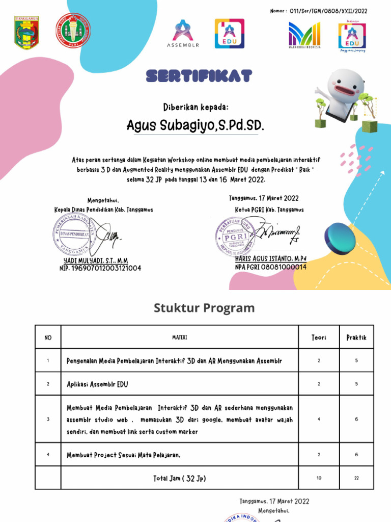 Agus Subagiyo, S.PD - SD. Sertifikat Workshop B | PDF