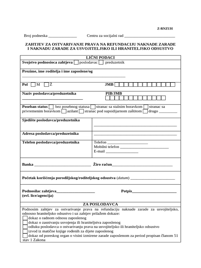 Zahtjev Za Ostvarivanje Prava Na Refundaciju Naknade Zarade I Naknadu Zarade Za Usvojiteljsko ...