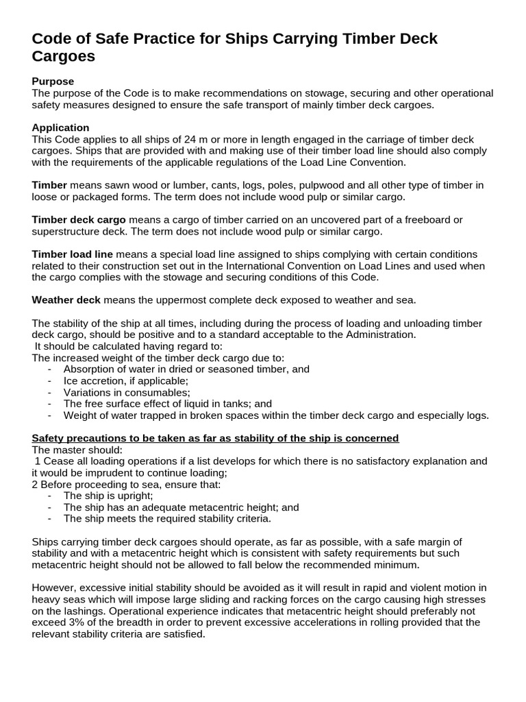 Code of Safe Practice For Ships Carrying Timber Deck Cargoes | PDF