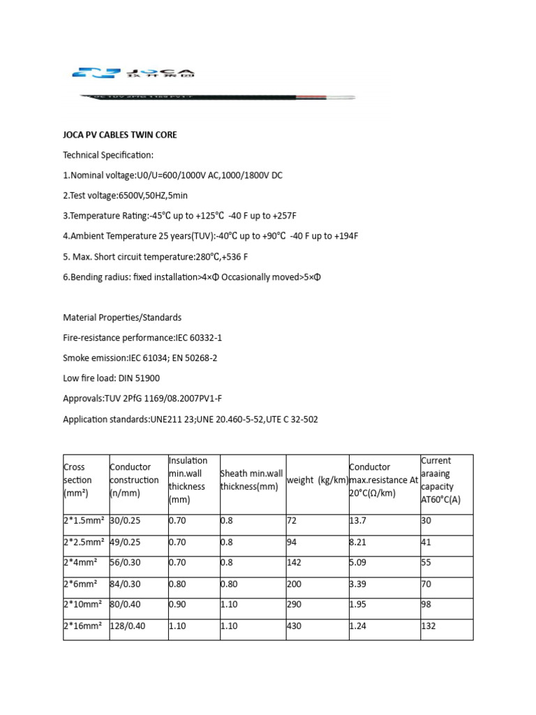 Joca Pv Cables Twin Core Datasheet | PDF