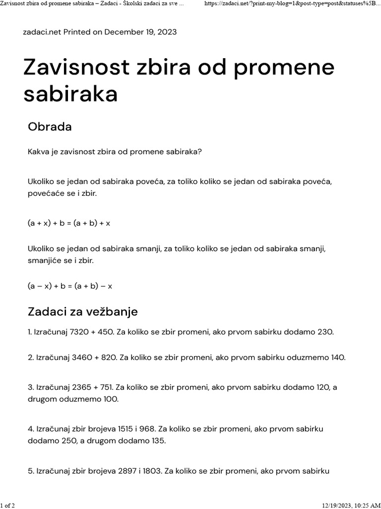 Zavisnost Zbira Od Promene Sabiraka - Zadaci - Školski Zadaci Za Sve ...