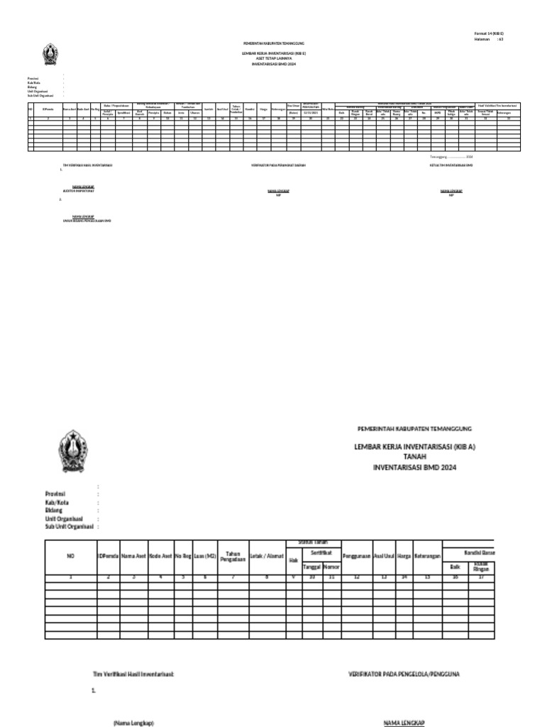 Format Lembar Kerja Hasil Inventarisasi Kib A Dan Kib e | PDF