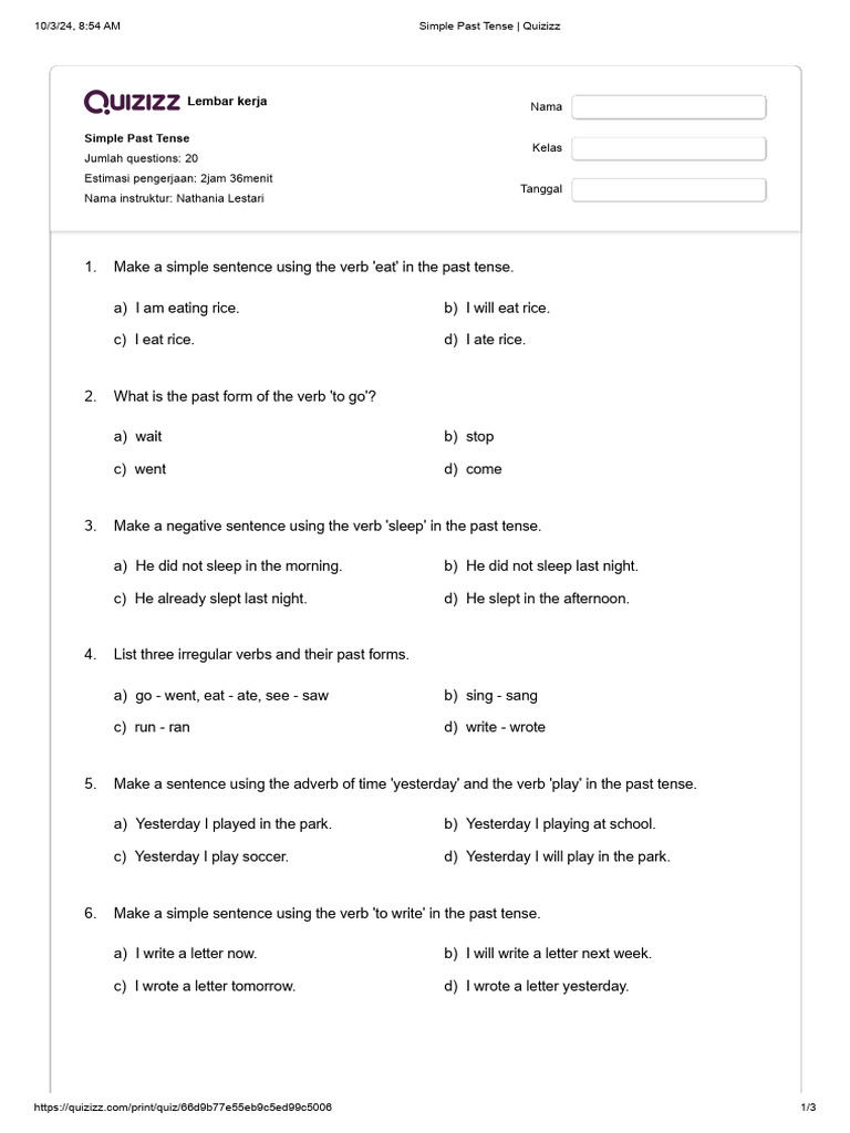 Simple Past Tense - Quizizz REMEDIAL | PDF