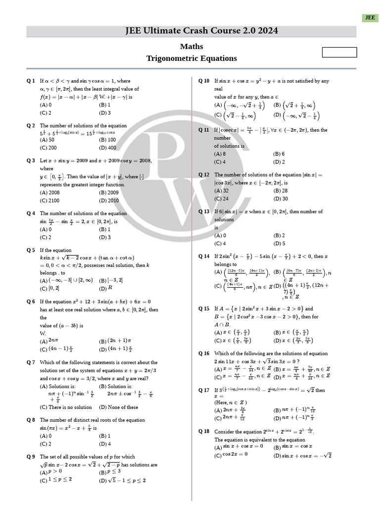 Trigonometric Equations - Practice Sheet - JEE Ultimate Crash Course 2. ...